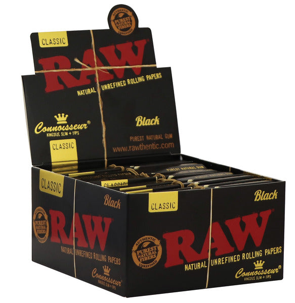 Raw - Black Connoisseur Kingsize Slim Rolling Papers + Tips (24ct) – A ...